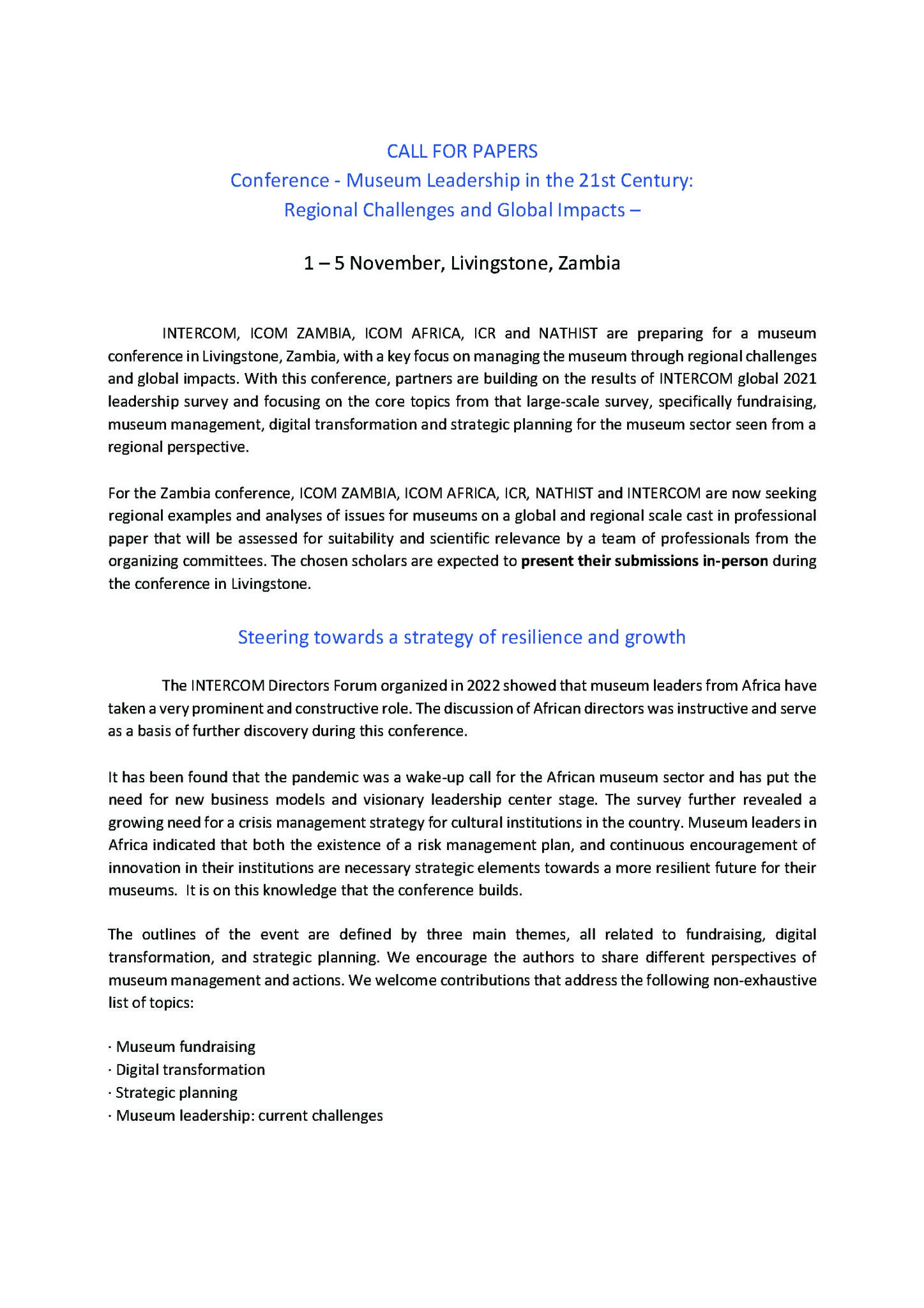 CALL FOR PAPERS Conference - Museum Leadership in the 21st Century ...